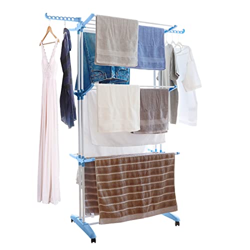 RYGOAL Clothes Drying Rack, Large 3-Tier Folding Drying Rack Clothing, Movable Laundry Drying Rack with 24 Drying Poles, 14 Hanging Holes & 4 Wheels, Multifunctional Drying Rack Indoor Outdoor