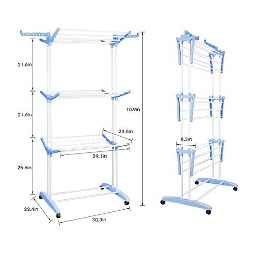 RYGOAL Clothes Drying Rack, Large 3-Tier Folding Drying Rack Clothing, Movable Laundry Drying Rack with 24 Drying Poles, 14 Hanging Holes & 4 Wheels, Multifunctional Drying Rack Indoor Outdoor