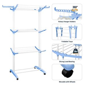 RYGOAL Clothes Drying Rack, Large 3-Tier Folding Drying Rack Clothing, Movable Laundry Drying Rack with 24 Drying Poles, 14 Hanging Holes & 4 Wheels, Multifunctional Drying Rack Indoor Outdoor