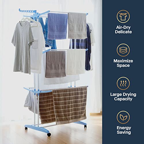 RYGOAL Clothes Drying Rack, Large 3-Tier Folding Drying Rack Clothing, Movable Laundry Drying Rack with 24 Drying Poles, 14 Hanging Holes & 4 Wheels, Multifunctional Drying Rack Indoor Outdoor