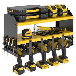 s skstyle power tool organizer - 5 drill holder, wall mount shelf, drill shelf, tool shelf, jobber bit workshop rack - premium garage storage & organization, cordless drill charging station, yellow