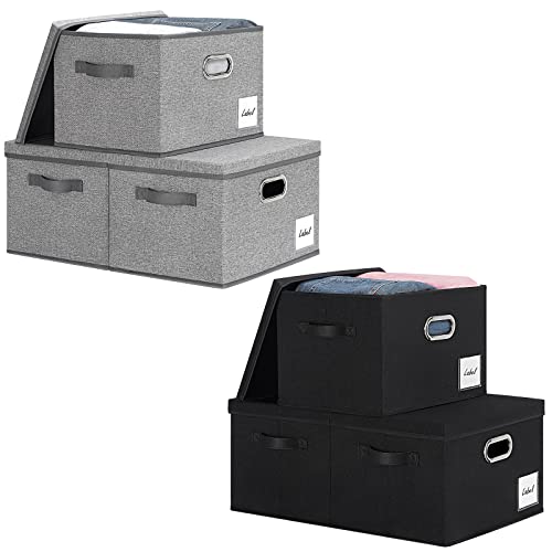 LHZK Large Storage Bins with Lids 6 Pack, Linen Fabric Storage Boxes with Lids, Foldable Storage Baskets with 3 Handles and Label Window for Shelves Bedroom Closet Office (15x11x9.6, Grey, Black)