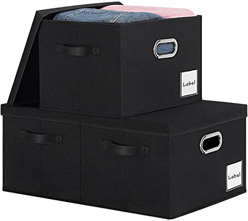 LHZK Large Storage Bins with Lids 6 Pack, Linen Fabric Storage Boxes with Lids, Foldable Storage Baskets with 3 Handles and Label Window for Shelves Bedroom Closet Office (15x11x9.6, Grey, Black)