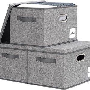 LHZK Large Storage Bins with Lids 6 Pack, Linen Fabric Storage Boxes with Lids, Foldable Storage Baskets with 3 Handles and Label Window for Shelves Bedroom Closet Office (15x11x9.6, Grey, Black)