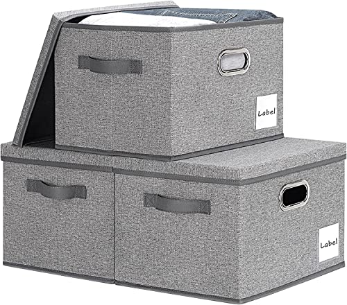 LHZK Large Storage Bins with Lids 6 Pack, Linen Fabric Storage Boxes with Lids, Foldable Storage Baskets with 3 Handles and Label Window for Shelves Bedroom Closet Office (15x11x9.6, Grey, Black)