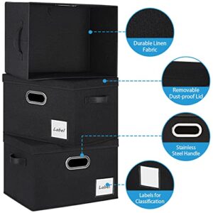 LHZK Large Storage Bins with Lids 9 Pack, Linen Fabric Storage Boxes with Lids, Foldable Storage Baskets with 3 Handles and Label Window for Shelves Bedroom Closet Office (15x11x9.6, Black,Grey,Beige)