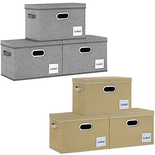 LHZK Large Storage Bins with Lids 6 Pack, Linen Fabric Storage Boxes with Lids, Foldable Storage Baskets with 3 Handles and Label Window for Shelves Bedroom Closet Office (15.75x11.8x10.2,Grey,Beige)