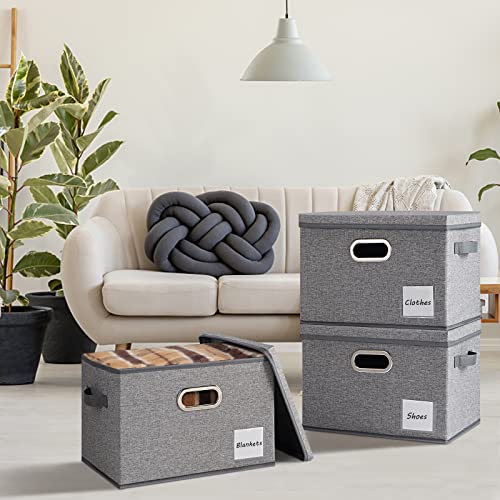 LHZK Large Storage Bins with Lids 6 Pack, Linen Fabric Storage Boxes with Lids, Foldable Storage Baskets with 3 Handles and Label Window for Shelves Bedroom Closet Office (15.75x11.8x10.2,Grey,Beige)