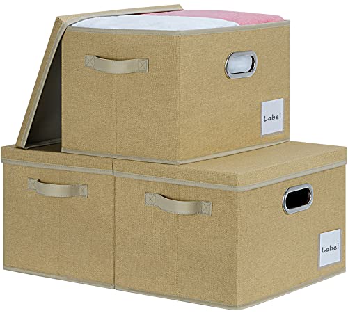 LHZK Large Storage Bins with Lids 9 Pack, Linen Fabric Storage Boxes with Lids, Foldable Storage Baskets with 3 Handles and Label Window for Shelves Bedroom Closet Office (15.75x11.8x10.2inch)