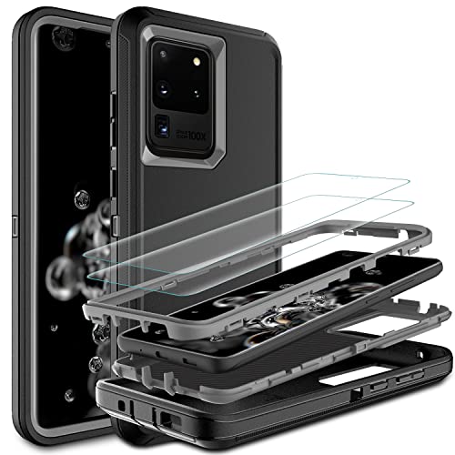 HONG-AMY S20 Ultra Case, 3-in-1 Heavy Duty Protection with Self-Healing TPU Screen Protector [2-Pack] for Galaxy S20 Ultra 5G (Black/Grey)