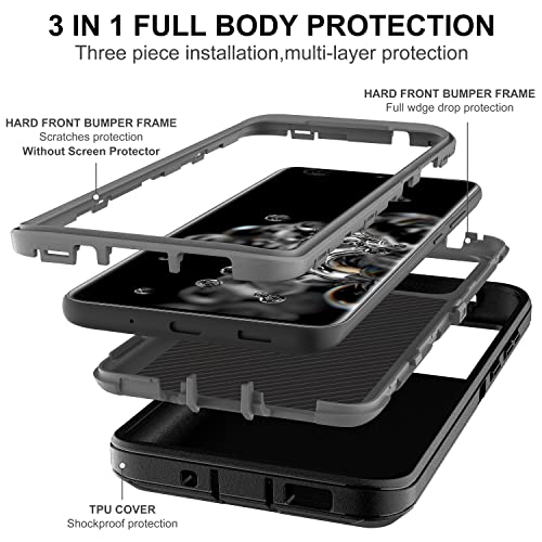 HONG-AMY S20 Ultra Case, 3-in-1 Heavy Duty Protection with Self-Healing TPU Screen Protector [2-Pack] for Galaxy S20 Ultra 5G (Black/Grey)