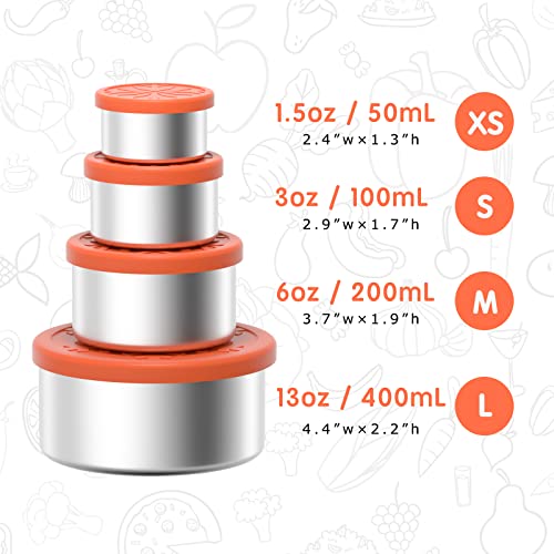 VOLCANOES CLUB Small Stainless Steel Snack Containers with Silicone Lids, Set of 4 (13oz, 7oz, 3oz, 1.5oz), Metal Kids Lunch Containers Bento Box, Leakproof Stackable Reusable for School Travel Picnic