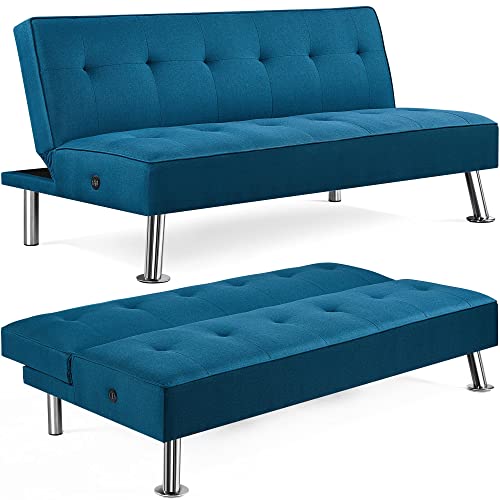 Topeakmart Fabric Futon Sofa, Convertible Futon Bed, Folding Couch, Sectional Sleeper Sofa for Small Space with USB Ports, Folding Sofa for Compact Living Space, Apartment, Office, Living Room Blue