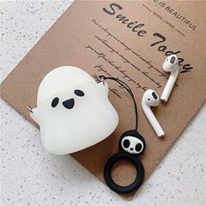 Cartoon AirPods Case Cover, Cute Cases Compatible with Apple AirPods 2nd 1st Generation, Kawaii Soft Silicone Protective Cover for Airpod 2/1 with Keychain for Women Men White Ghost