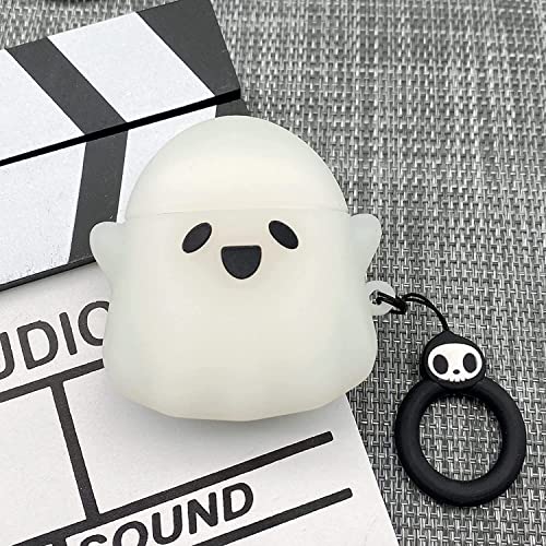 Cartoon AirPods Case Cover, Cute Cases Compatible with Apple AirPods 2nd 1st Generation, Kawaii Soft Silicone Protective Cover for Airpod 2/1 with Keychain for Women Men White Ghost