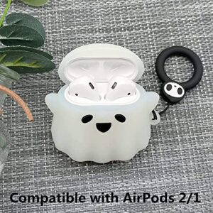 Cartoon AirPods Case Cover, Cute Cases Compatible with Apple AirPods 2nd 1st Generation, Kawaii Soft Silicone Protective Cover for Airpod 2/1 with Keychain for Women Men White Ghost