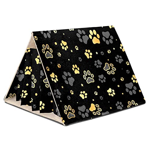 enheng Small Pet Hideout Gold Dog Paw Footprint and Star Pattern Hamster House Guinea Pig Playhouse for Dwarf Rabbits Hedgehogs Chinchillas