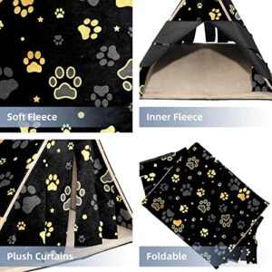 enheng Small Pet Hideout Gold Dog Paw Footprint and Star Pattern Hamster House Guinea Pig Playhouse for Dwarf Rabbits Hedgehogs Chinchillas