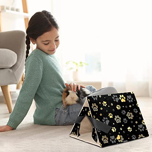 enheng Small Pet Hideout Gold Dog Paw Footprint and Star Pattern Hamster House Guinea Pig Playhouse for Dwarf Rabbits Hedgehogs Chinchillas