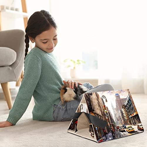 enheng Small Pet Hideout Woman Under Red Umbrella City Oil Painting Hamster House Guinea Pig Playhouse for Dwarf Rabbits Hedgehogs Chinchillas