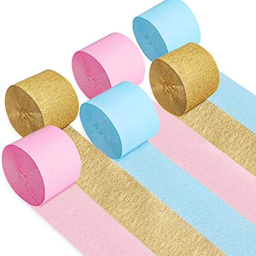 Gender Reveal Decorations Blue Pink - Set of 6 Crepe Paper Streamers Decoration for Baby Gender Reveal Party Supplies Gold Gender Reveal Theme Decor Ideas