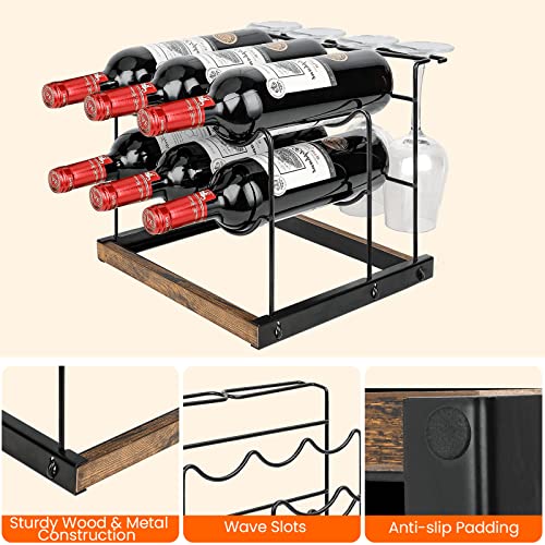 Homode Wine Rack Countertop, Wine Bottle and Glass Holder, Tabletop Wood & Metal Wine Stand Organizer for 6 Bottles and 4 Glasses Storage, for Kitchen Counter, Cabinet, Rustic Brown