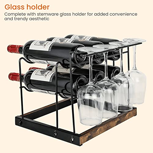 Homode Wine Rack Countertop, Wine Bottle and Glass Holder, Tabletop Wood & Metal Wine Stand Organizer for 6 Bottles and 4 Glasses Storage, for Kitchen Counter, Cabinet, Rustic Brown