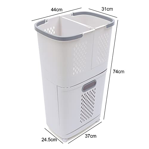 Movable Laundry Basket, 2 Tier Rolling Laundry Hamper, Floor-Standing Sorter Laundry Basket, Clothes Storage Organizer for Bathroom Bedroom Kitchen