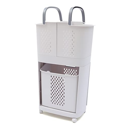 Movable Laundry Basket, 2 Tier Rolling Laundry Hamper, Floor-Standing Sorter Laundry Basket, Clothes Storage Organizer for Bathroom Bedroom Kitchen