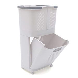 Movable Laundry Basket, 2 Tier Rolling Laundry Hamper, Floor-Standing Sorter Laundry Basket, Clothes Storage Organizer for Bathroom Bedroom Kitchen