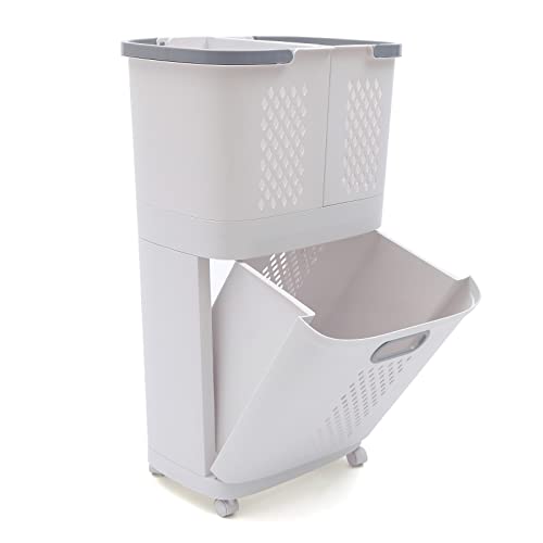 Movable Laundry Basket, 2 Tier Rolling Laundry Hamper, Floor-Standing Sorter Laundry Basket, Clothes Storage Organizer for Bathroom Bedroom Kitchen