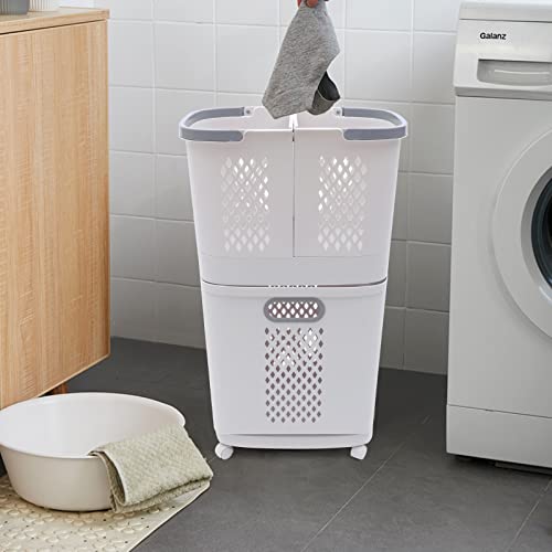 Movable Laundry Basket, 2 Tier Rolling Laundry Hamper, Floor-Standing Sorter Laundry Basket, Clothes Storage Organizer for Bathroom Bedroom Kitchen