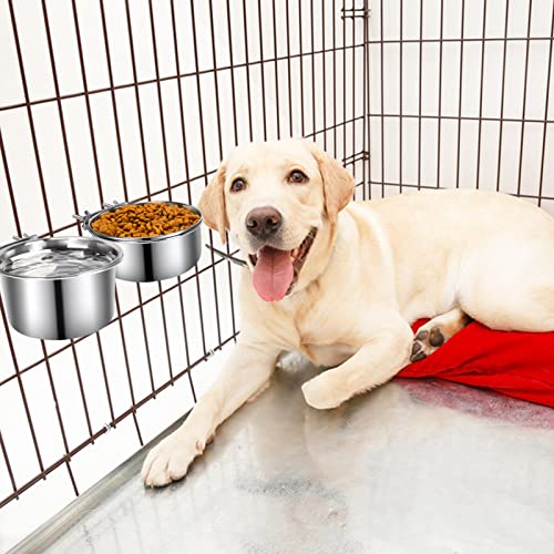 Dog Crate Water Bowl, 2 pcs Stainless Steel Large Dog Bowls, Durable Anti-Spill Pet Metal Bowl for Cage Kennel Crate, Hanging Water/Food Bowl for Medium & Large Dogs (7.1x3.5'' & 6.3x2.6'')