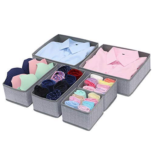 Onlyeasy Foldable Cloth Storage Box Closet Dresser Drawer Organizer Cube Basket Bins Containers Divider with Drawers for Scarves, Underwear, Bras, Socks, Ties, 6 Pack, Herringbone Grey, 7MNRCB6P