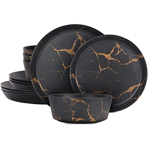 FELOVUWON Melamine Dinnerware Set 12Pcs Unbreakable Dinner Plates and Bowls Set for 4 BPA-Free Dishwasher Safe Dishes Set Suitable for Casual Indoor Outdoor Dining Party RV Camping (Black Marble)