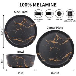 FELOVUWON Melamine Dinnerware Set 12Pcs Unbreakable Dinner Plates and Bowls Set for 4 BPA-Free Dishwasher Safe Dishes Set Suitable for Casual Indoor Outdoor Dining Party RV Camping (Black Marble)