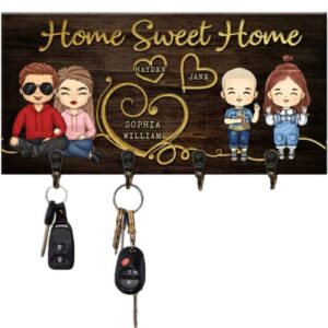 pawfect house home sweet home, personalized key hanger, key holder, fathers day, birthday gifts for husband, gifts for wife, wall key hanger wooden decorative family sign with hooks (couple & 2 kids)