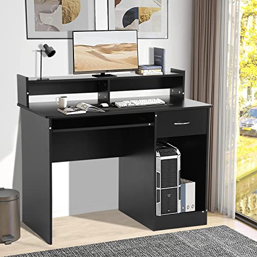 BLKMTY Computer Desk with Drawers for Home Office Desk with Keyboard Tray 43" Study Desks for Teens Wood Executive Desk with Monitor Stand Large Desktop Surface Writing Table Workstation, Black