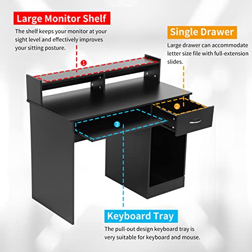 BLKMTY Computer Desk with Drawers for Home Office Desk with Keyboard Tray 43" Study Desks for Teens Wood Executive Desk with Monitor Stand Large Desktop Surface Writing Table Workstation, Black