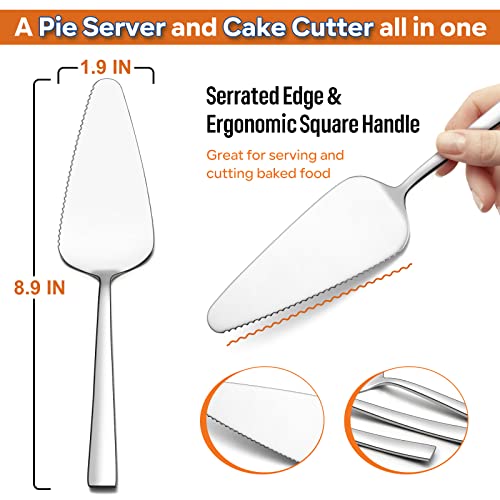 Pie Server Set of 5, E-far 8.9 Inch Stainless Steel Cake Server Cutter for Pastry Cheese Pizza, Serrated Edge with Square Handle, Mirror Polished & Dishwasher Safe