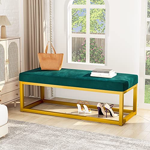 Lamerge Velvet Bench,Modern Upholstered Entryway Bench Bedside Bench, Dining Long Bench with Golden Metal Frame,Perfect for Dressing Room,Living Room,Hallway,Bedroom and So on,Emerald (LVB-E)