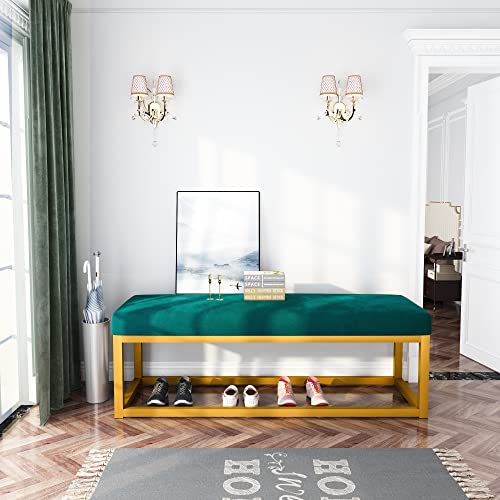 Lamerge Velvet Bench,Modern Upholstered Entryway Bench Bedside Bench, Dining Long Bench with Golden Metal Frame,Perfect for Dressing Room,Living Room,Hallway,Bedroom and So on,Emerald (LVB-E)