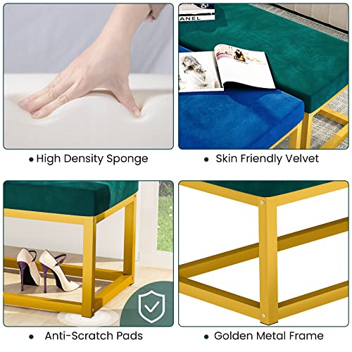 Lamerge Velvet Bench,Modern Upholstered Entryway Bench Bedside Bench, Dining Long Bench with Golden Metal Frame,Perfect for Dressing Room,Living Room,Hallway,Bedroom and So on,Emerald (LVB-E)