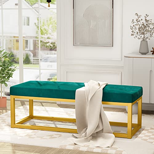 Lamerge Velvet Bench,Modern Upholstered Entryway Bench Bedside Bench, Dining Long Bench with Golden Metal Frame,Perfect for Dressing Room,Living Room,Hallway,Bedroom and So on,Emerald (LVB-E)