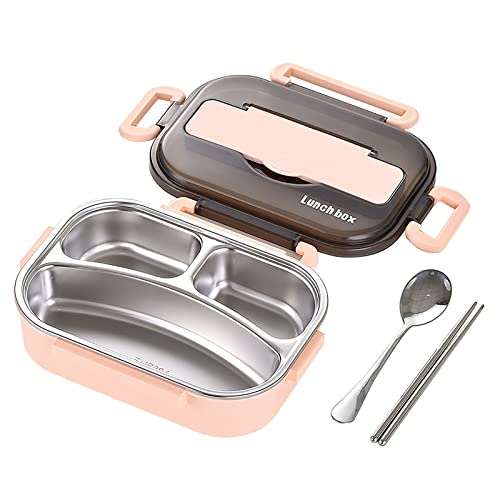 Midremer Lunch Bento Box, 1L-3 Compartments Portable Thermal Insulation Leak-Proof Lunch Containers with Stainless Steel Liner Chopsticks and Spork for Picnic (3 Compartments, Pink)