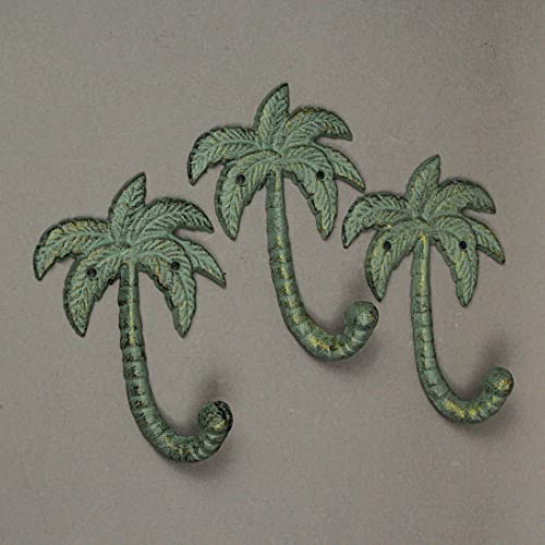 Things2Die4 Set of 3 Verdigris Cast Iron Palm Tree Wall Hanging Hooks Towel Hat Coat Rack