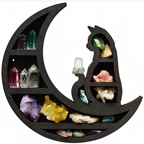 Neegaurd Cat On The Moon Crystal Wood Shelf 14inch Large Wall Mounted Crystal Display Shelf Wooden Floating Moon Shelf Wall Décor for Living Room, Bedroom, Office (Cat and Moon)