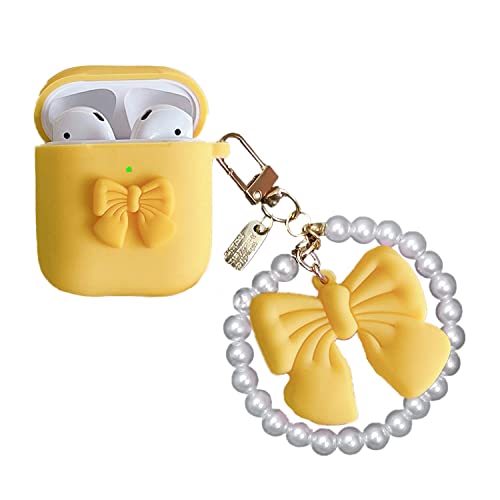 Cute AirPod Case with Bow Keychain Soft Silicone Skin Butterfly Knot Kit Portable Shockproof Protective Cover for Apple AirPods 1 2 1st 2nd Generation Charging Case Fits for Women Girls Kids (Yellow)