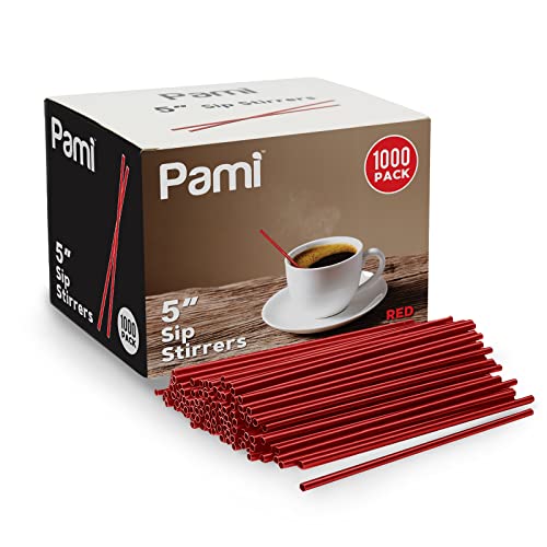 PAMI Disposable Coffee Red Sip Stirrers/Straws [Value Pack of 1000 Pcs] - 5” Plastic Cocktail Stirrers For Drinks- Beverage Stirrers For Hot & Cold Drinks- Swizzle Stirring Sticks For Coffee Bar