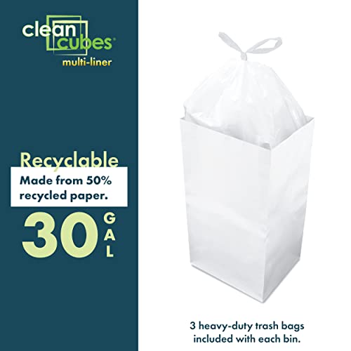 Clean Cubes (Multi-Liner 30 Gallon Trash Cans & Recycle Bins for Sanitary Garbage Disposal. Disposable Containers for Parties, Events, Recycling, and More. 3 Pack (White)